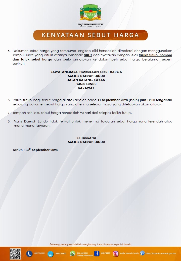 Sebutharga 05092023 - Laman Web Rasmi Majlis Daerah Lundu